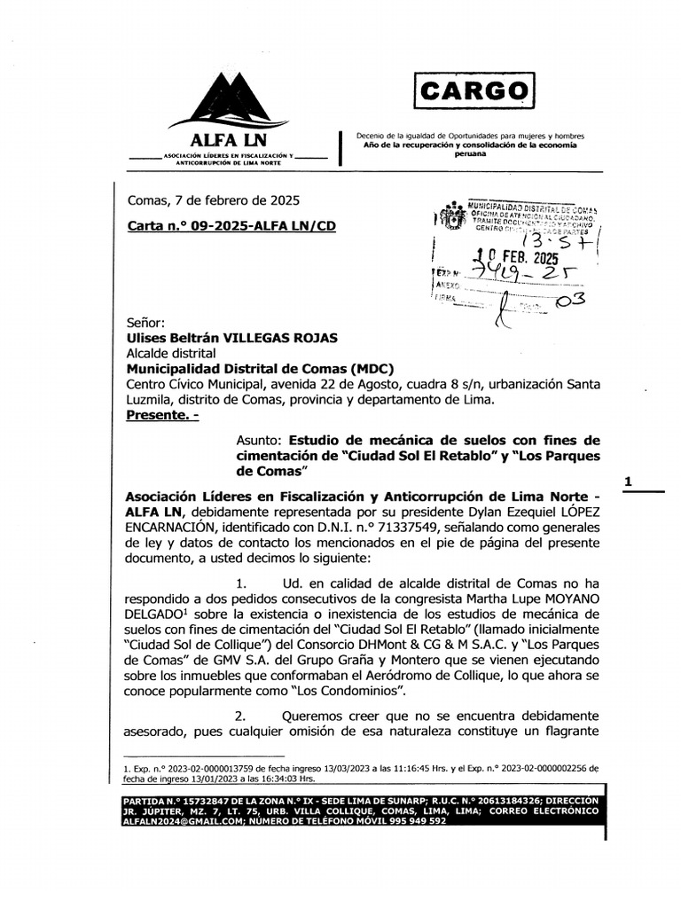 (A4 y OCR) (Exp. N.° 7419-25) 10 FEB. 2025. Carta. N.° 09-2025-ALFA LN/CD. Estudio Suelos ...