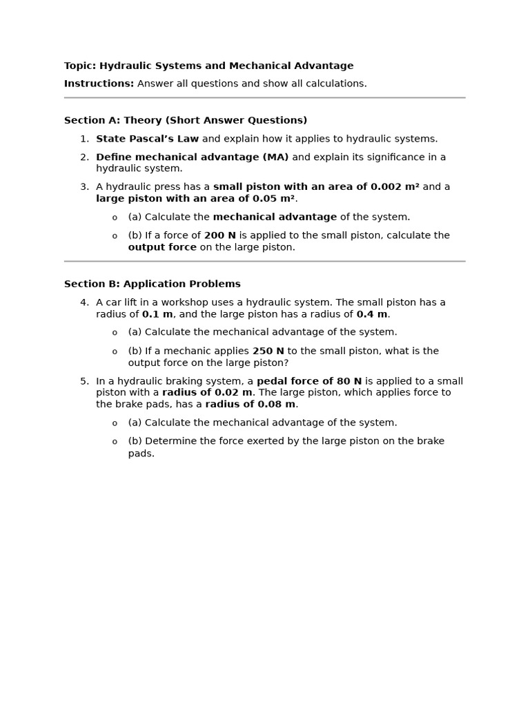 Hydraulic Systems: Mechanical Advantage Explained | PDF
