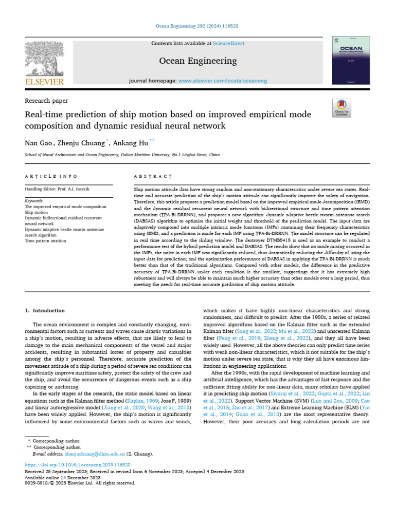Real-Time Prediction of Ship Motion Based On Improved Empirical Mode Composition and Dynamic ...