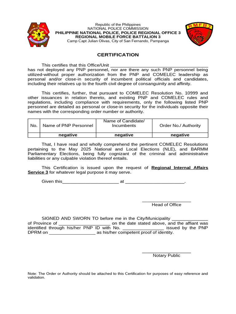 PNP Certification for Election Security Compliance | PDF | Law ...