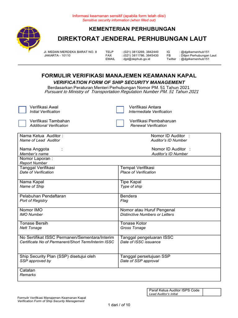 Verifikasi Keamanan Kapal PM 51/2021 | PDF