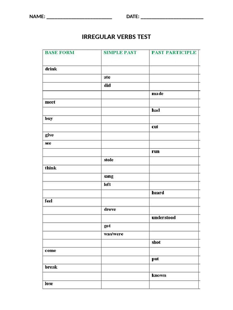 Irregular Verbs Test | PDF
