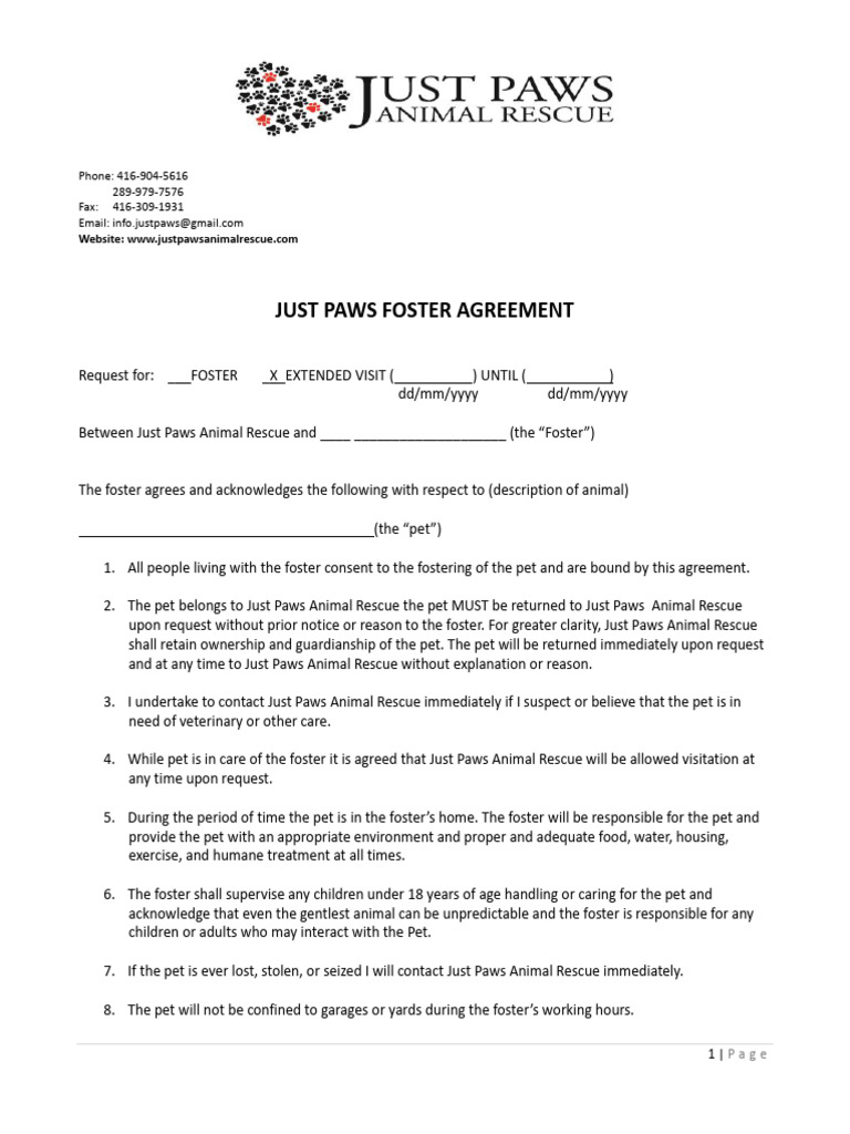 Just Paws Foster Agreement Template | PDF | Leash | Animals And Humans