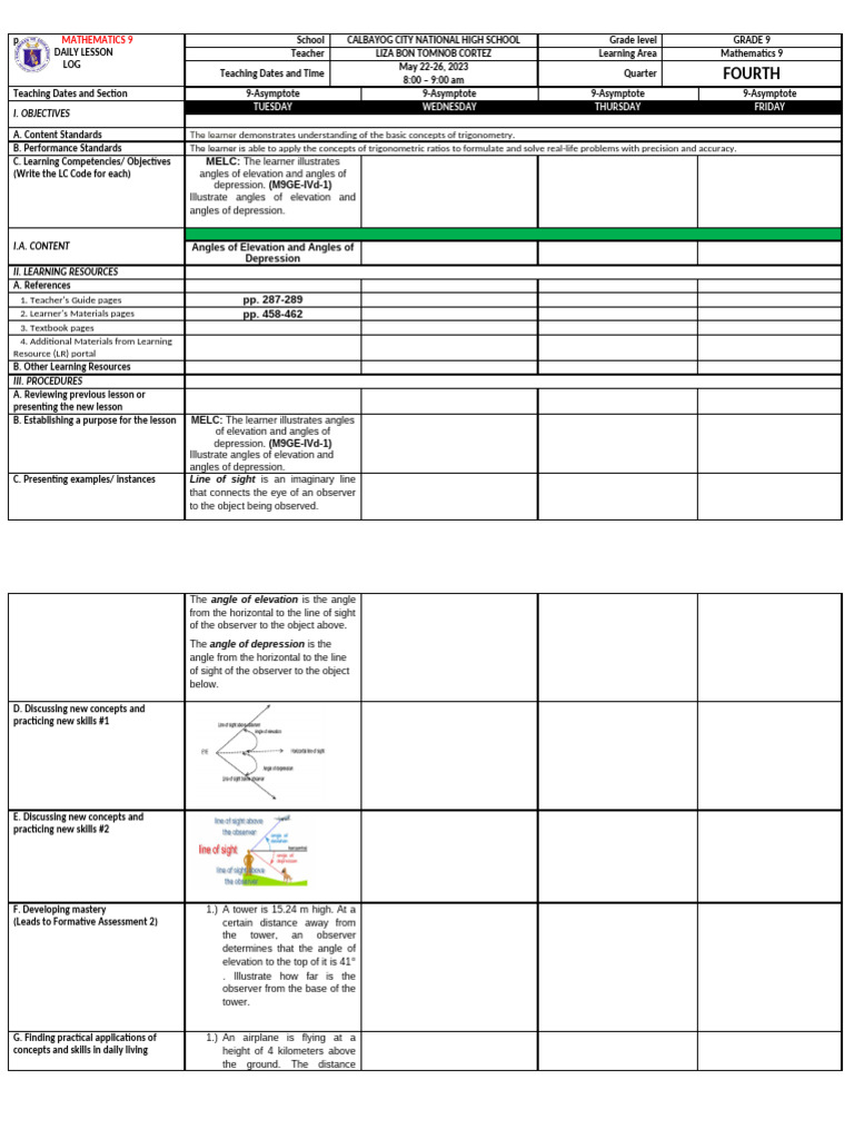 Math 9-DLL-MAY 22-26, 2023 | PDF | Learning | Trigonometry
