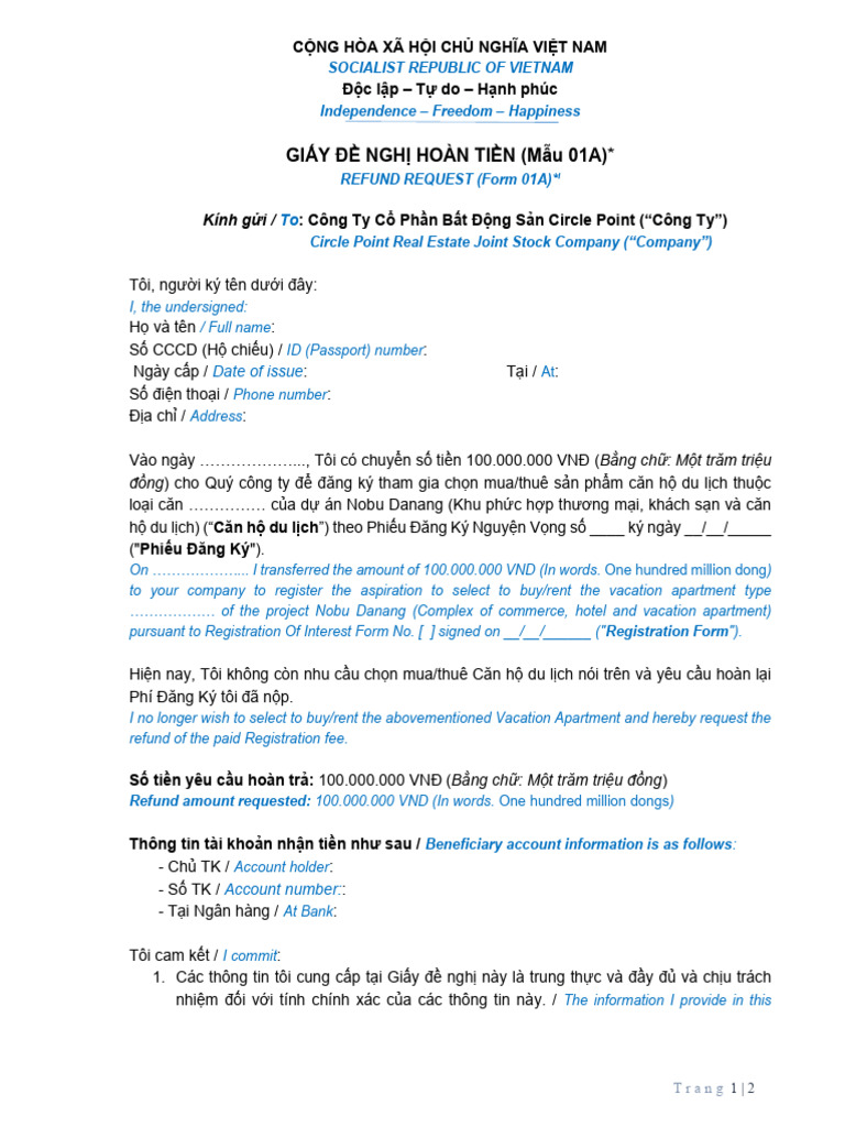 Giay de Nghi Hoan Tien - Form 01A | PDF