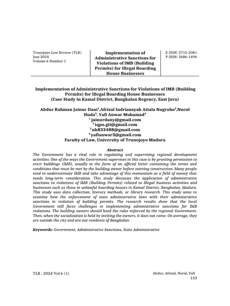 TLR Implementation of Administrative Sanctions for Violations of IMB ...