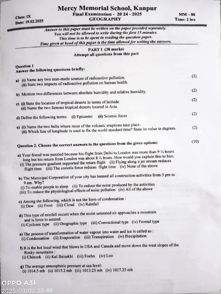 Geography Previous Year Question Class IX | PDF | Precipitation ...
