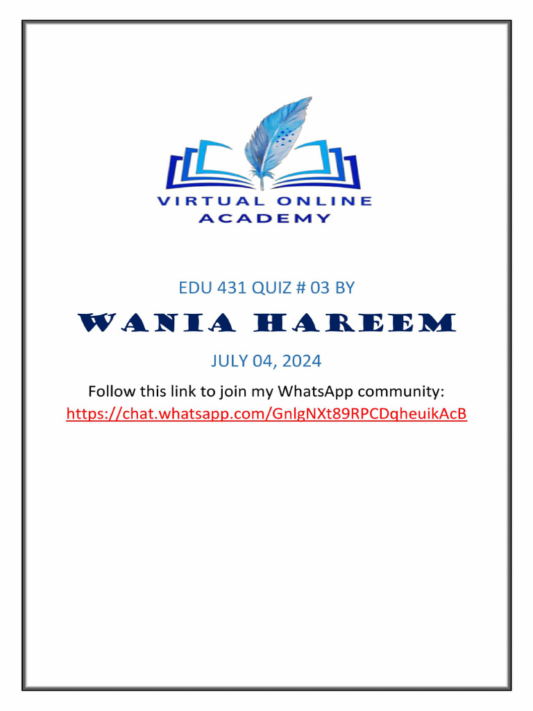 Edu 201 Quiz 3 July 5,2024 by Wania Hareem | PDF | Differentiated Instruction | Learning Theory ...