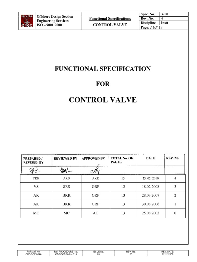 Control Valve Functional Specifications | PDF | Valve | Specification ...