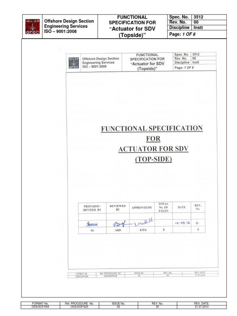 SDV Topside Actuator Specification | PDF | Actuator | Valve