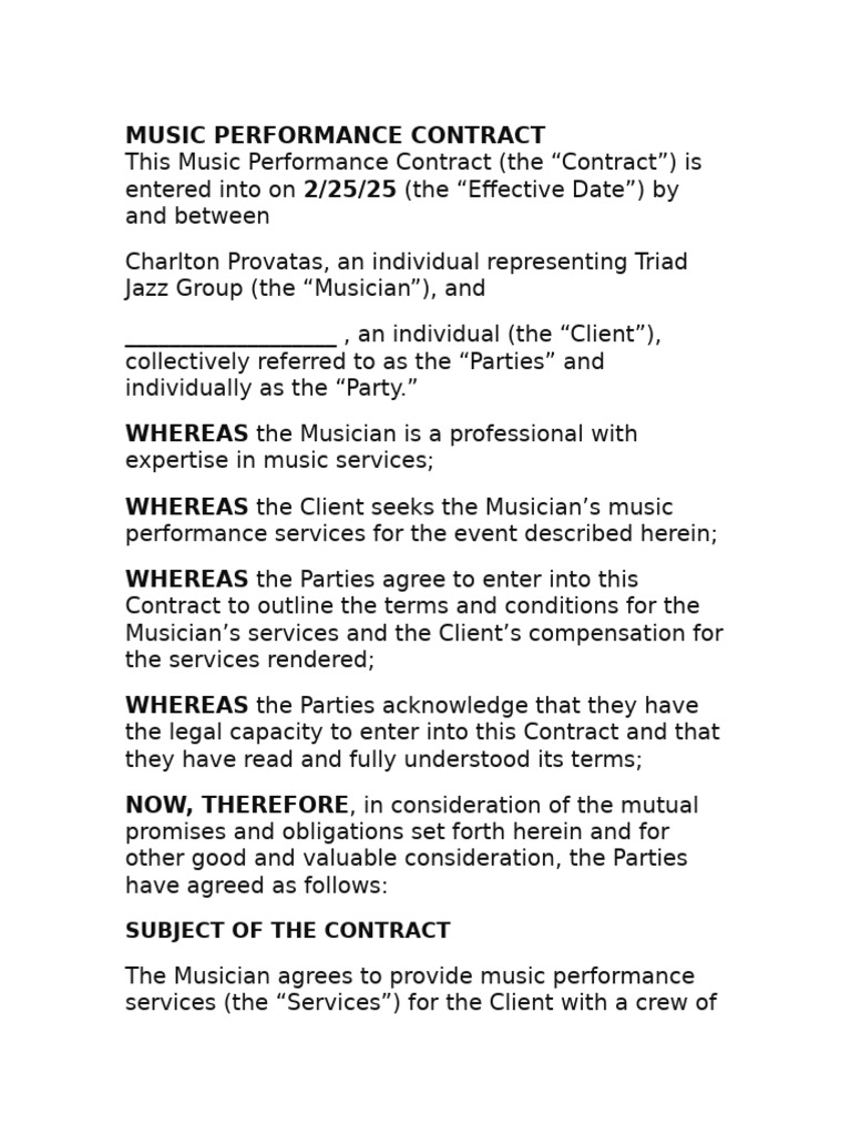 Music Performance Contract Template | PDF | Payments | Private Law