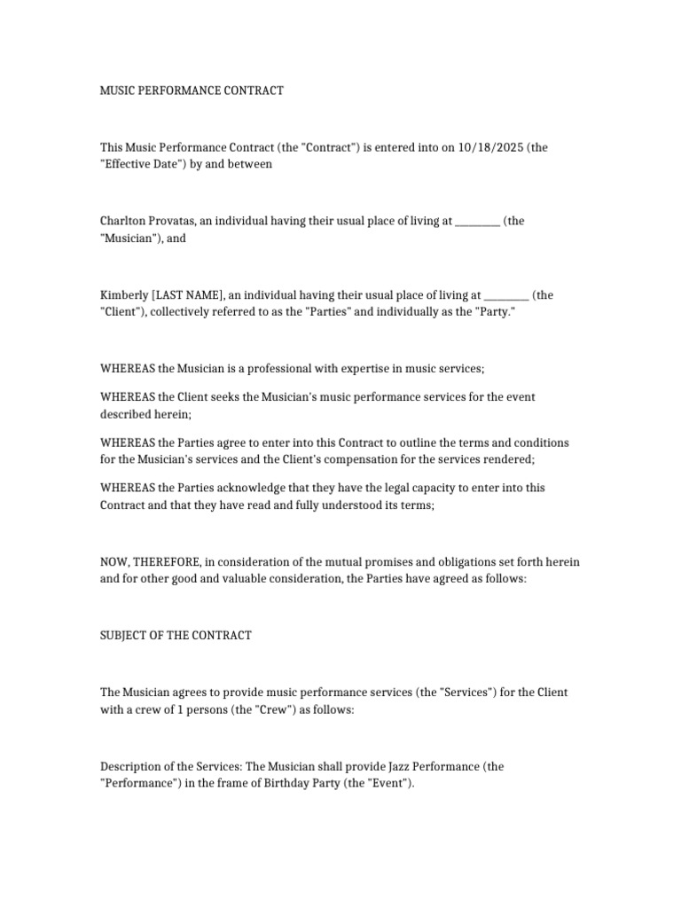 Music Performance Contract | PDF | Private Law | Business