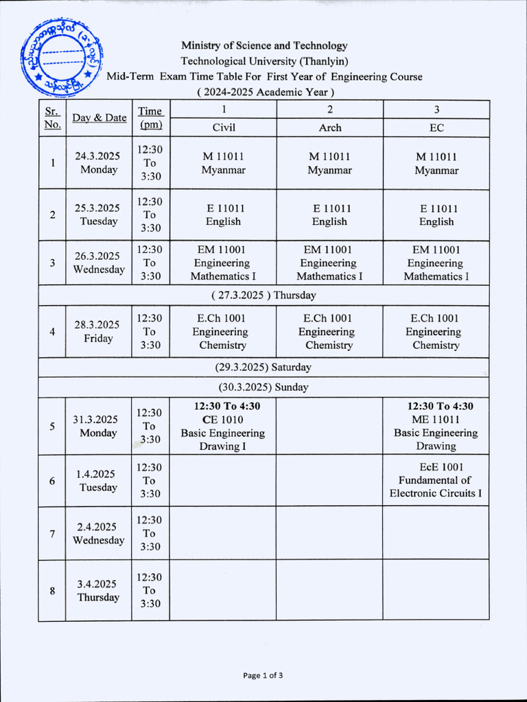 Exam Time Table | PDF