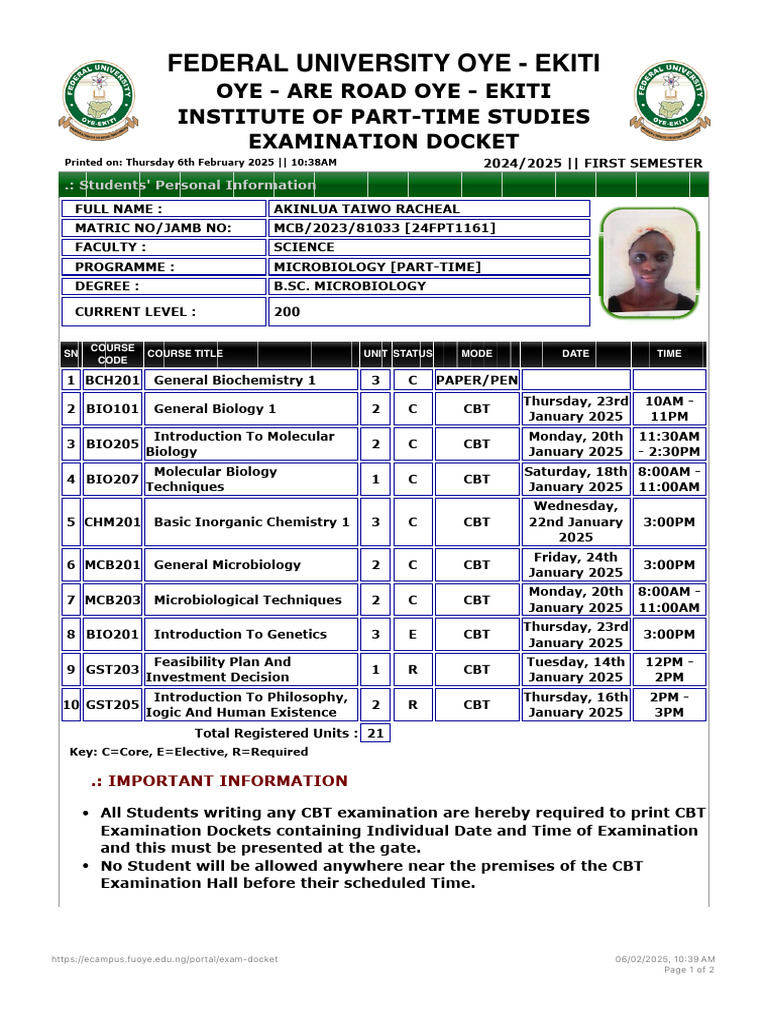 FUOYE Part-Time Microbiology Exam Docket | PDF | Biology | Life Sciences