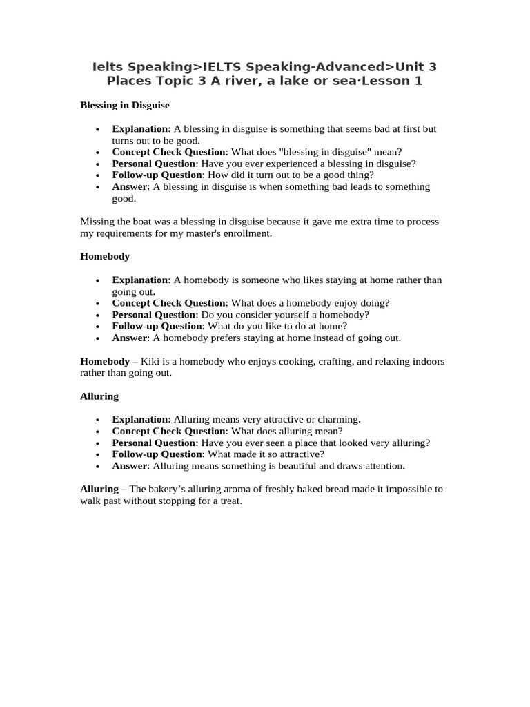 Ielts Speaking-IELTS Speaking-Advanced-Unit 3 Places Topic 3 A river, a lake or sea·Lesson 1 | PDF