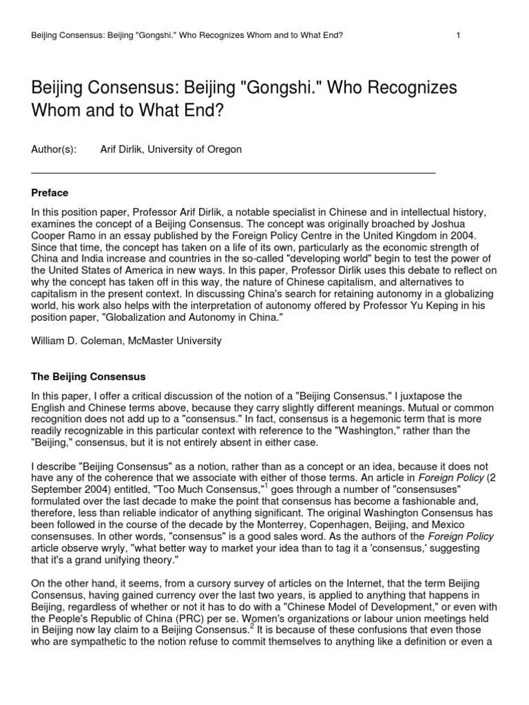 Beijing Consensus Debated: Development, Power and Independence | PDF ...
