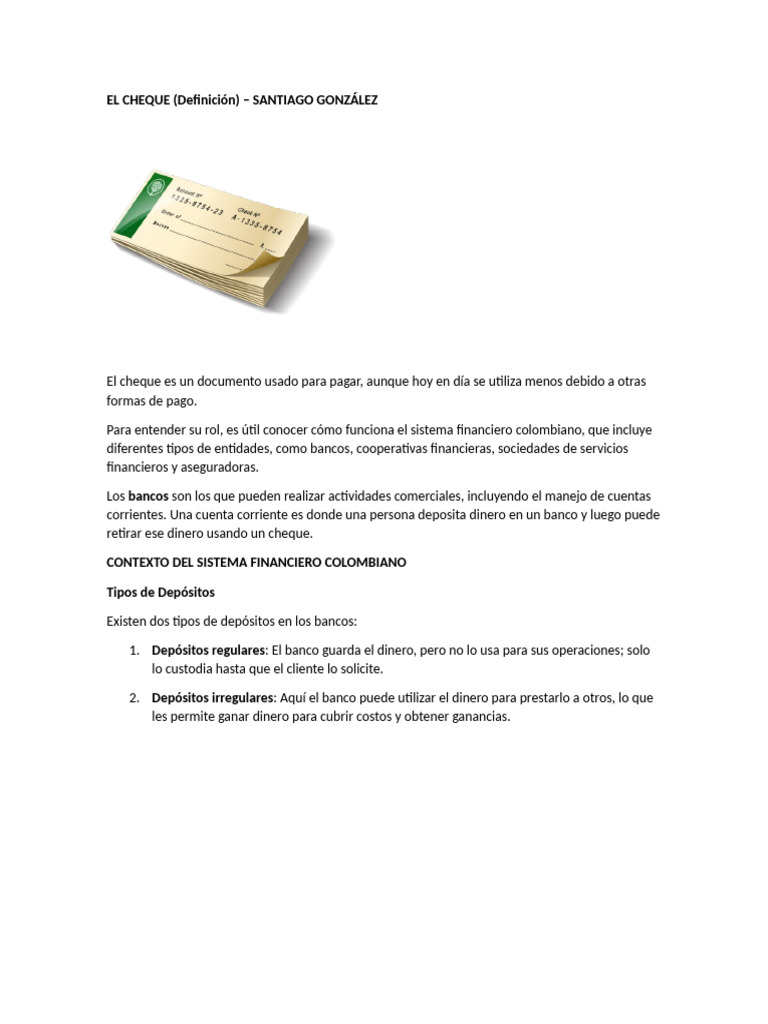 El Cheque en Colombia: Definición y Uso | PDF | Bancos | Cheque