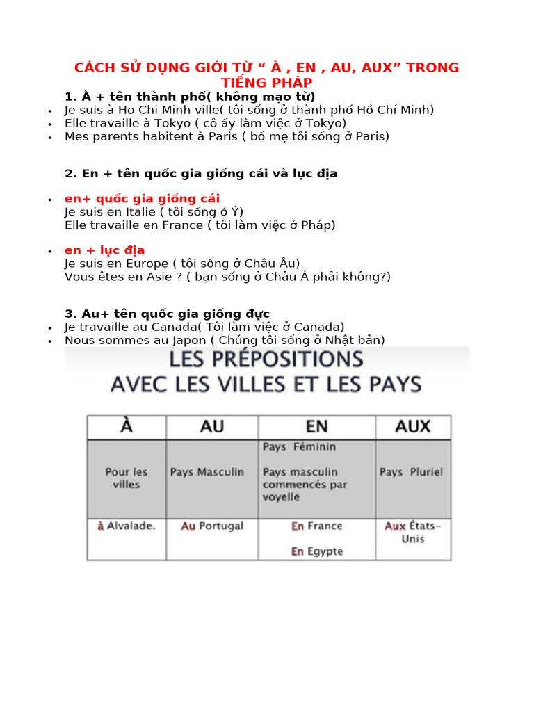 Cách Sử Dụng Giới Từ " À, En, Au, Aux" Trong Tiếng Pháp | PDF