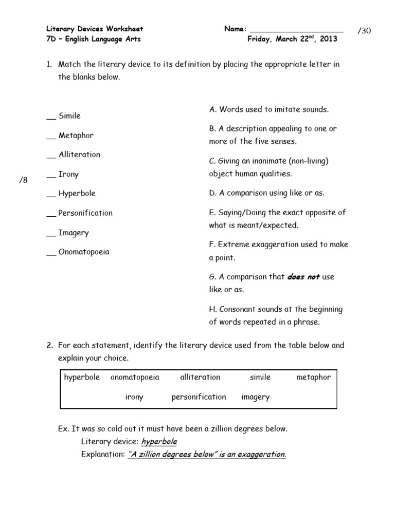 Literary Devices Worksheet for ELA | PDF | Linguistics