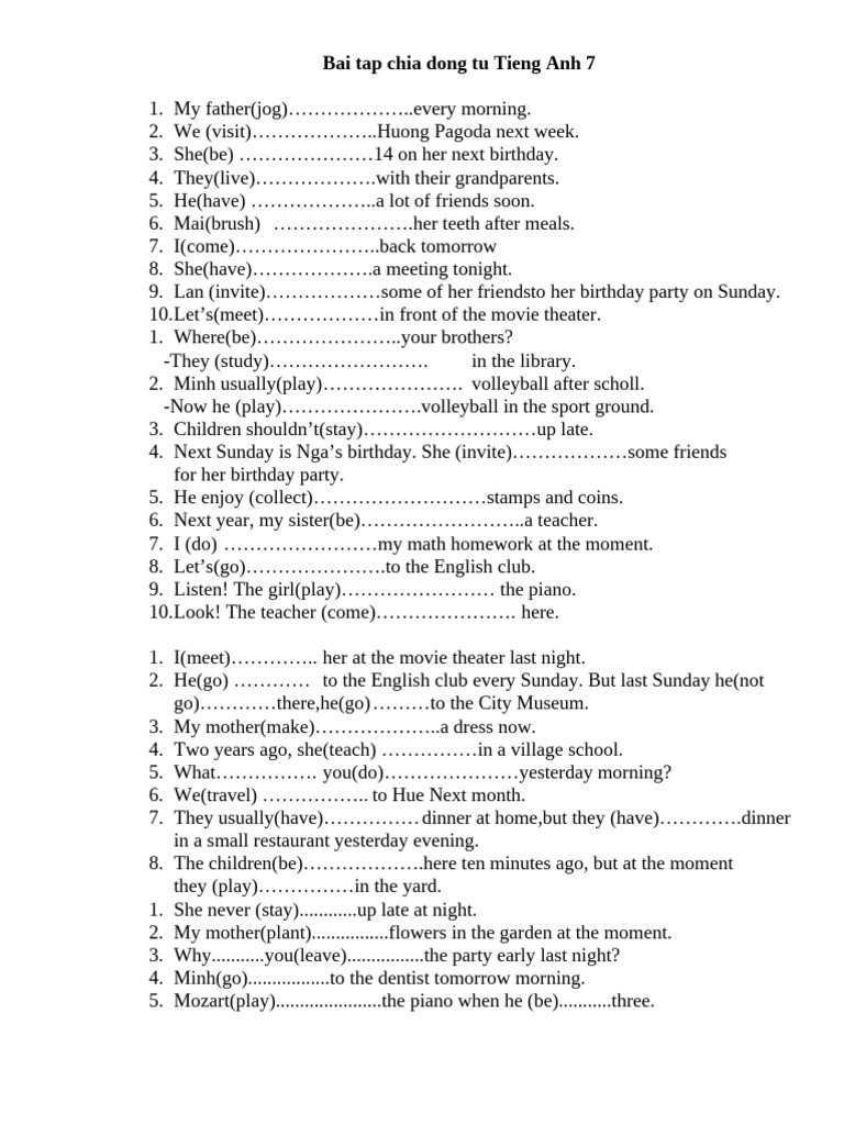 bai tap chia dong tu Tieng Anh 7 | PDF