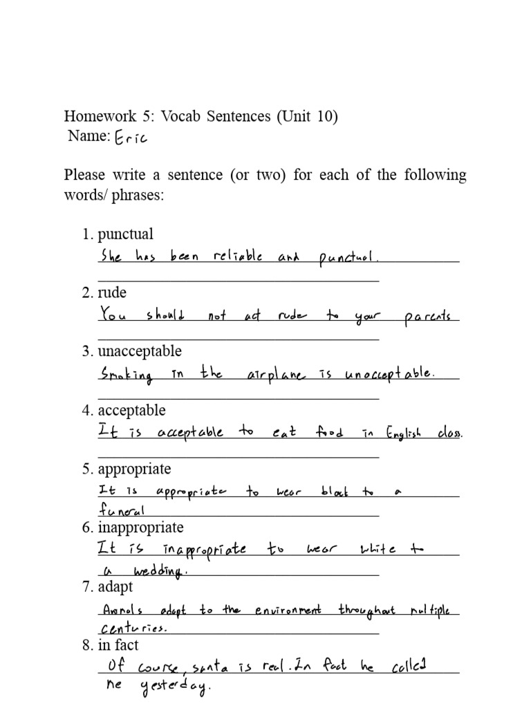 FE Hwk5 Vocab Sentences Unit10 | PDF
