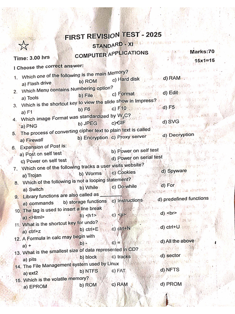 11th Computer Applications 1st Revision Exam 2025 Original Question Paper Cuddalore District ...