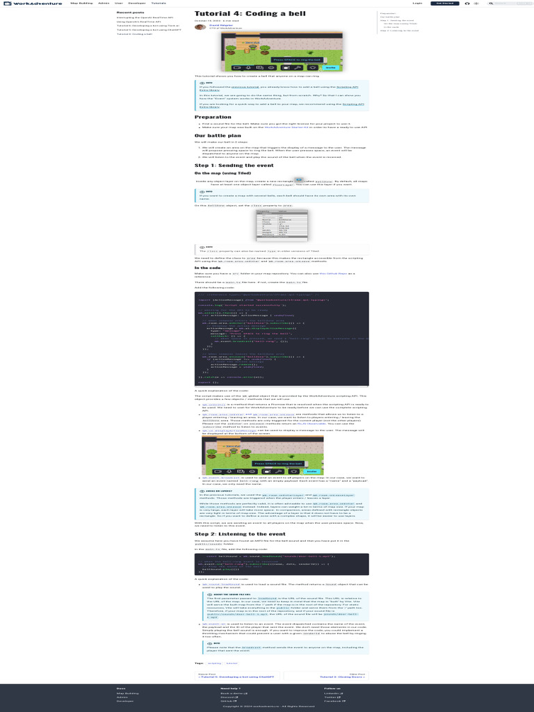 Tutorial 4 - Coding A Bell - WorkAdventure Documentation | PDF | Computing | Software Engineering