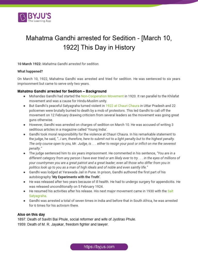 Gandhi's 1922 Sedition Arrest Explained | PDF