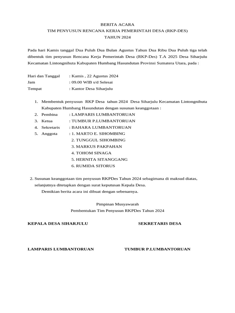Berita Acara Hasil Penyusunan Rancangan RKP Desa | PDF