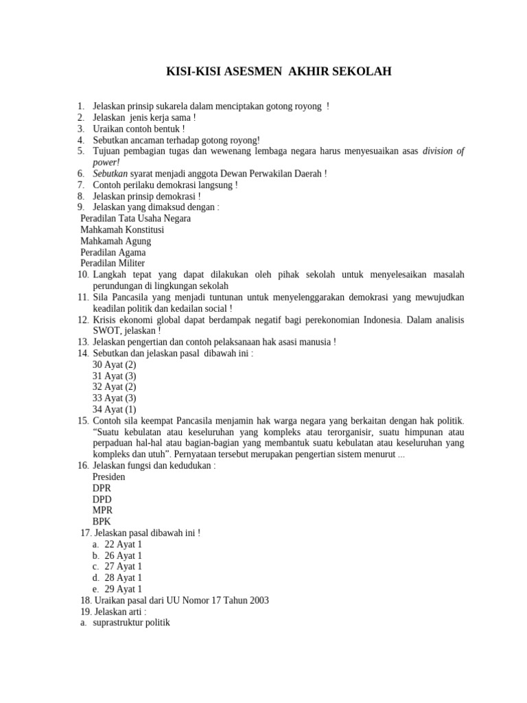Kisi-Kisi Asesmen Akhir Sekolah - P.Pancasila | PDF