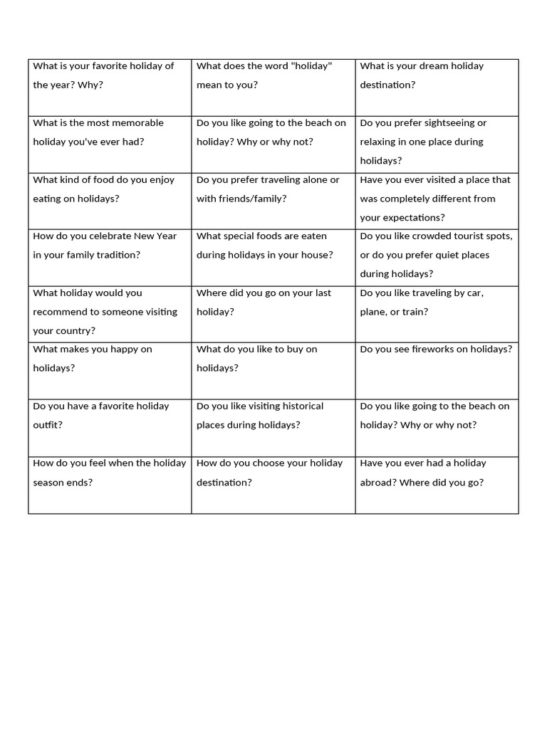 ESL Holiday Discussion Questions | PDF