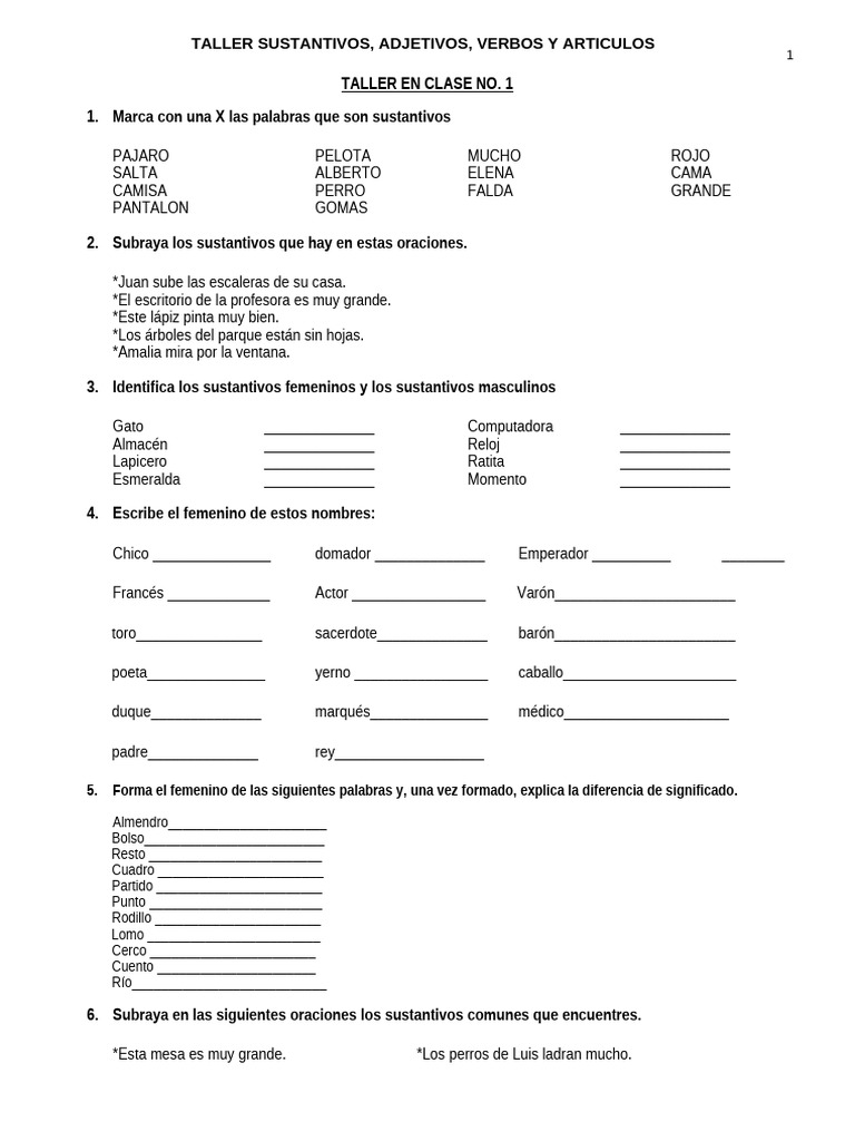 Taller 1 Sustantivos Adjetivos Verbos y Articulos | PDF | Sustantivo | Adjetivo