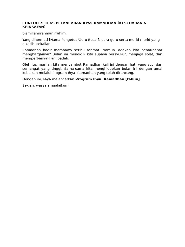 Contoh 7 Teks Pelancaran Ihya Ramadhan (Kesedaran & Keinsafan) | PDF