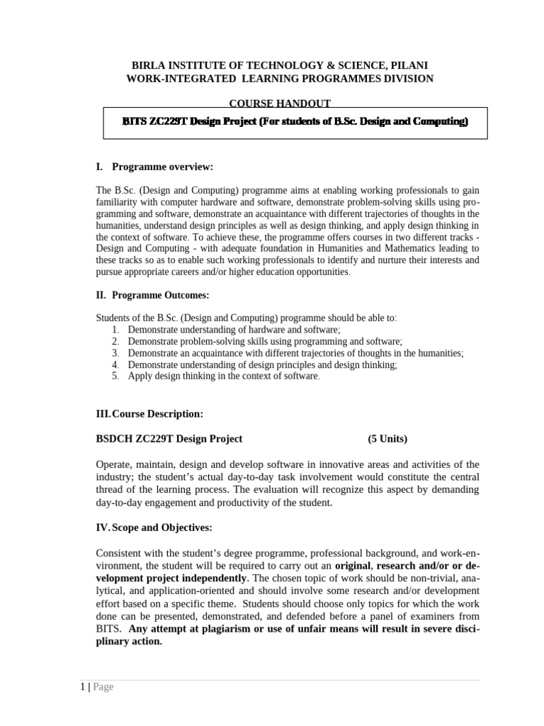 BITSZC229T Design Project Handout | PDF | Thesis | Thought