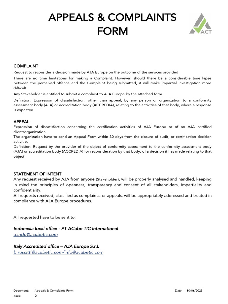 Ifcc Appeals & Complains Form | PDF | Audit | Justice