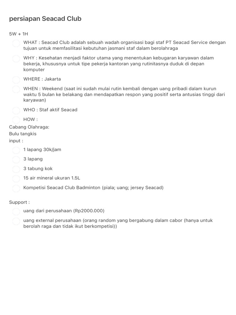 persiapan Seacad Club | PDF