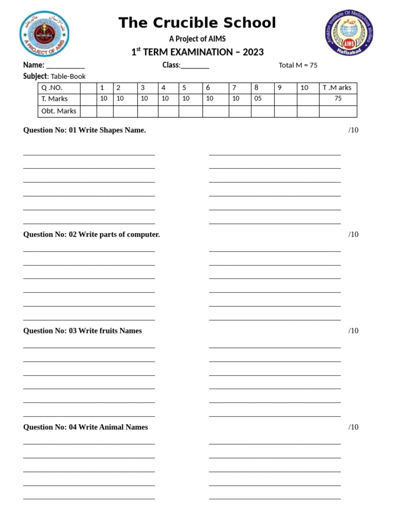 2023 1st Term Exam Paper - Table-Book | PDF