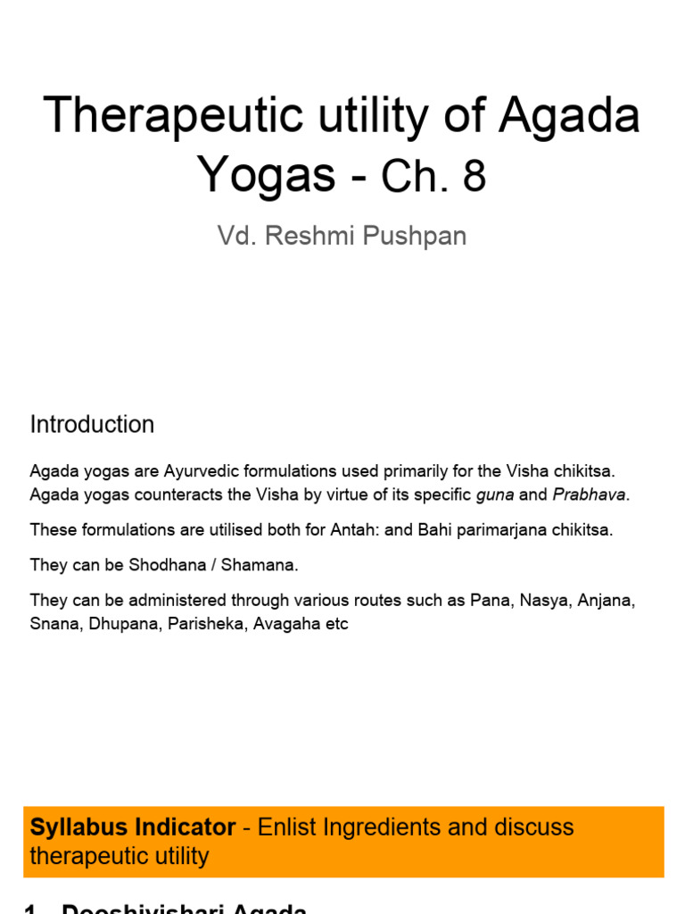 Therapeutic Utility of Agada Yogas | PDF