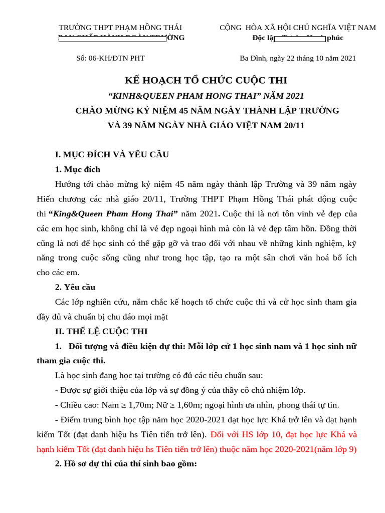 Kế hoạch thi KingQueen Pham Hong Thai năm 2021 | PDF