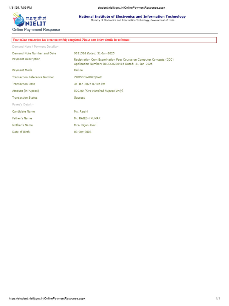 Student - Nielit.gov - in OnlinePaymentResponse - Aspx | PDF