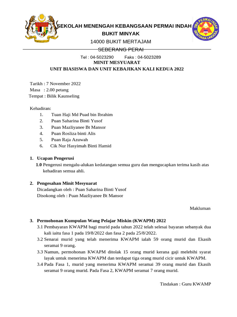 Mesyuarat Unit Biasiswa Dan Kebajikan Smk Permai Indah 2022 2 - Nur ...