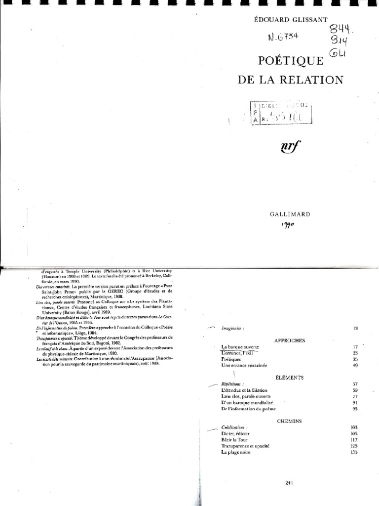 GLISSANT Poetique de La Relation | PDF