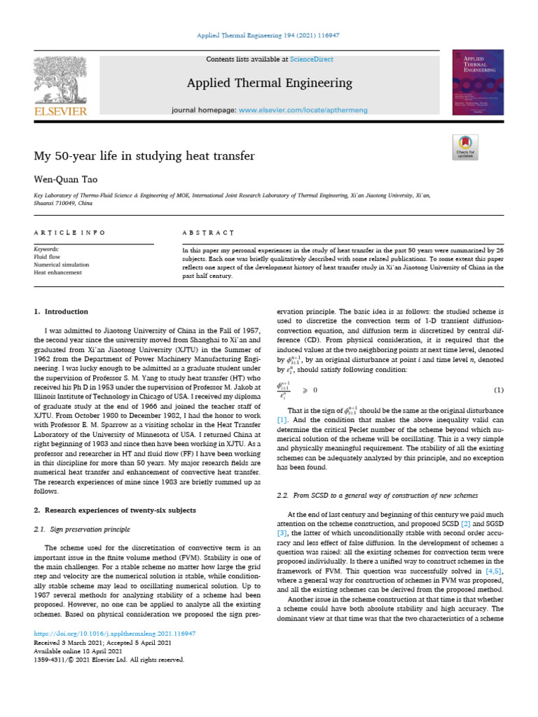 My 50-Year Life in Studying Heat Transfer - Wen-Quan Tao | PDF | Heat ...