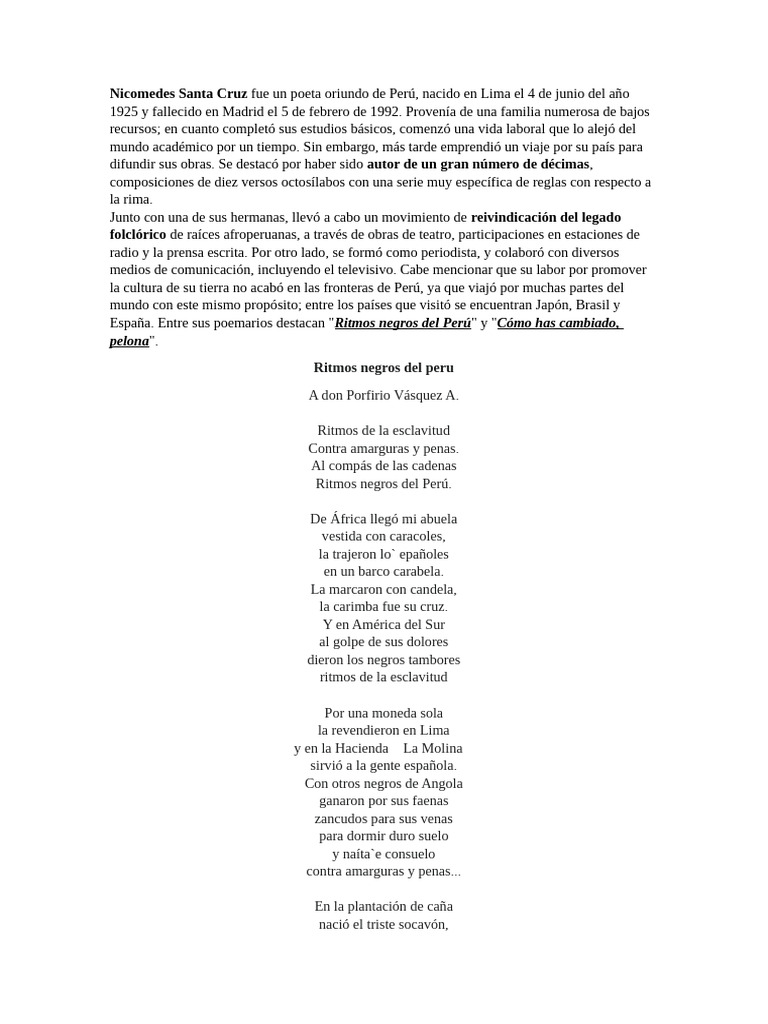 Biografía de Nicomedes Santa Cruz | PDF | Perú