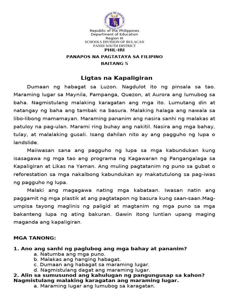 Panapos Na Pagtataya Sa Filipino 5 2 | PDF