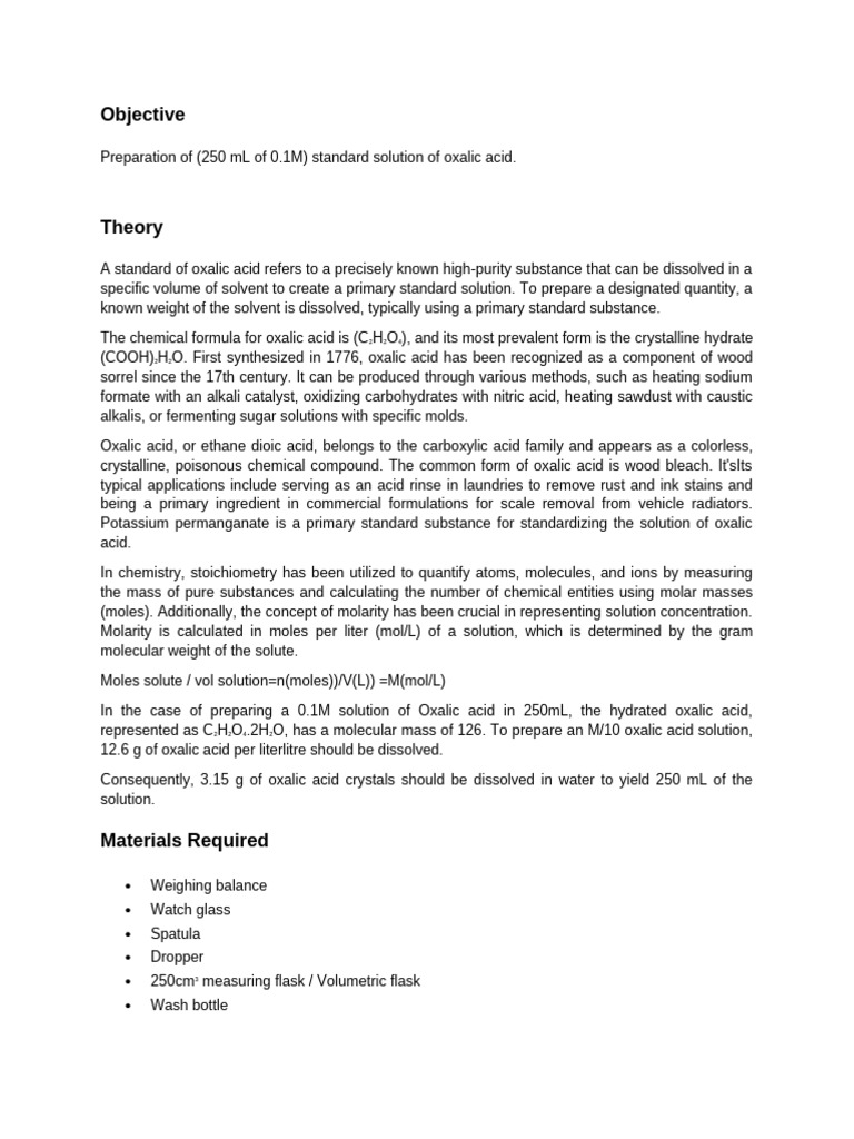 Preparation of Oxalic Acid | PDF | Mole (Unit) | Materials