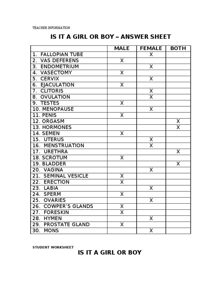 Is It A Girl or Boy - Answer Sheet: Male Female Both | PDF