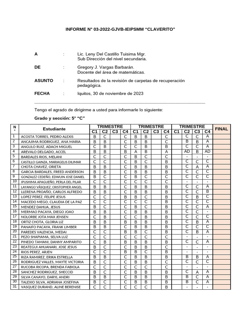 Informe Record Notas 5to | PDF