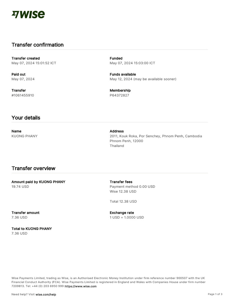 Wise Transaction Invoice Transfer 1061455910 3003263943 en | PDF ...