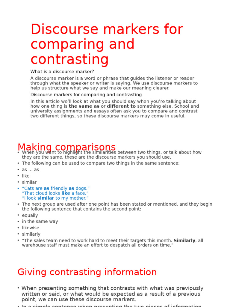 Discourse Markers For Comparing and Contrasting Extended | PDF | Human ...